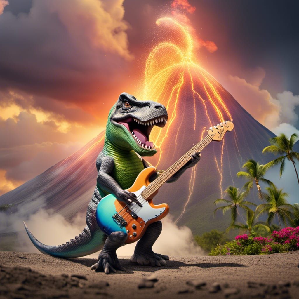A t-Rex playing bass guitar in front of an erupting volcano - AI ...