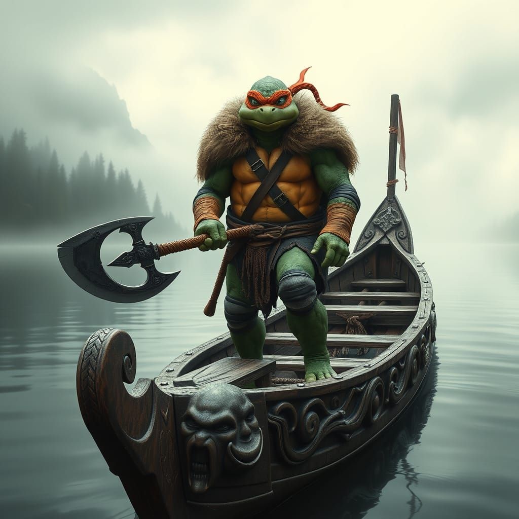 Mystical Ninja Turtle Warrior in Ancient Drakkar - AI Art
