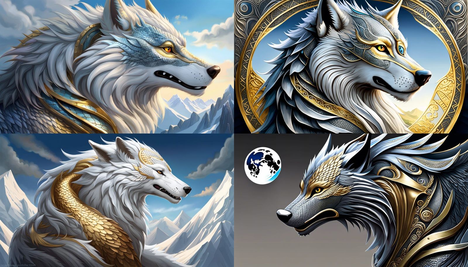 A "half-wolf, half-dragon dragon". The wolf's fur is silver and the ...