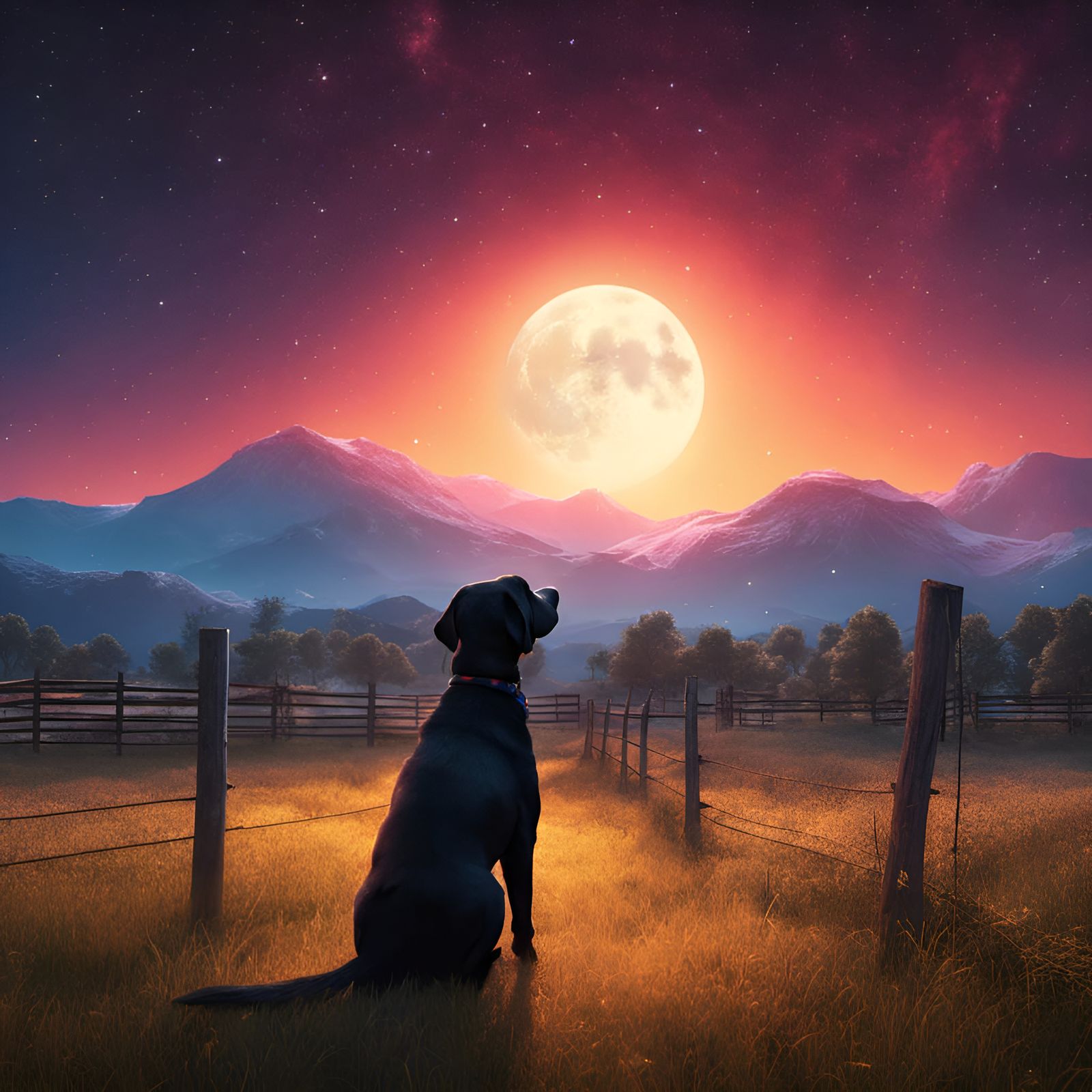 old black lab dog looking at moon on a ranch in night sky. shooting ...