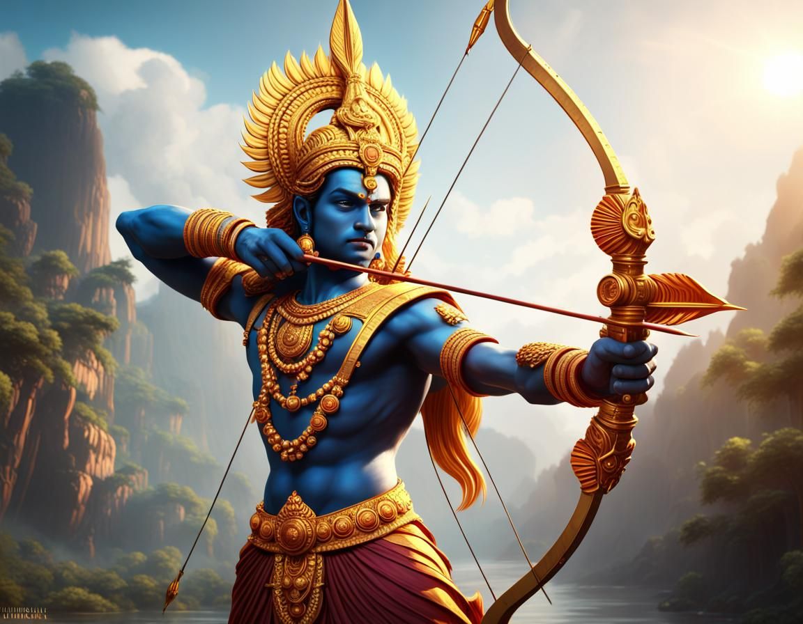 Explore the rich mythology of Vishnu as he takes aim with his bow, the ...