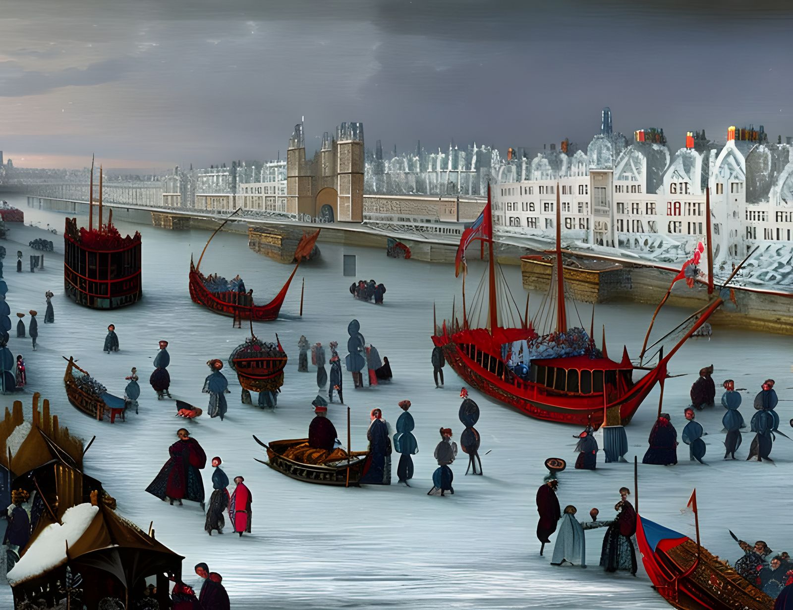 Frost fair on the frozen River Thames 1683 Winter Landscape wide angle ...