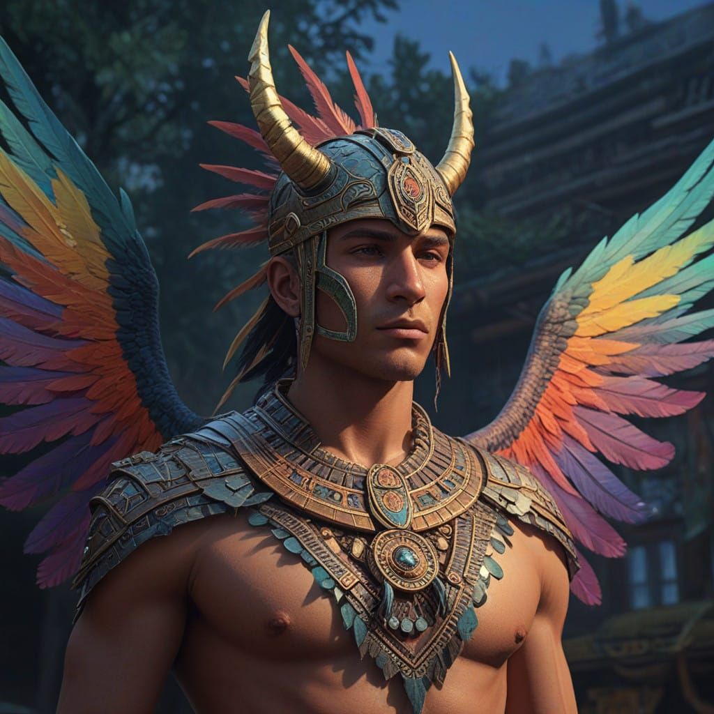 Quetzalcoatl in human form - Aztec Warrior in Mystic Union w...