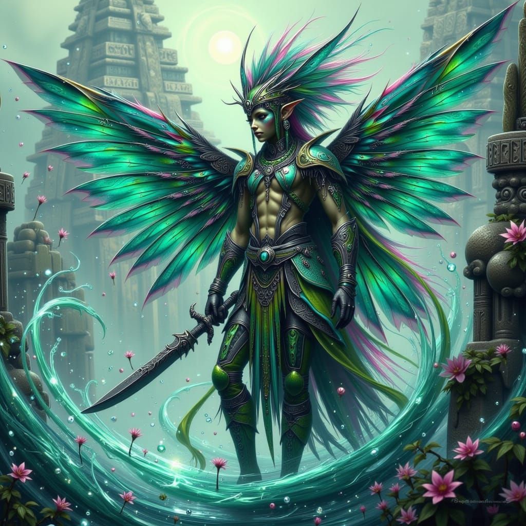 Cyberpunk Warrior in Aztec Armor, Born from Oceani... - AI Art