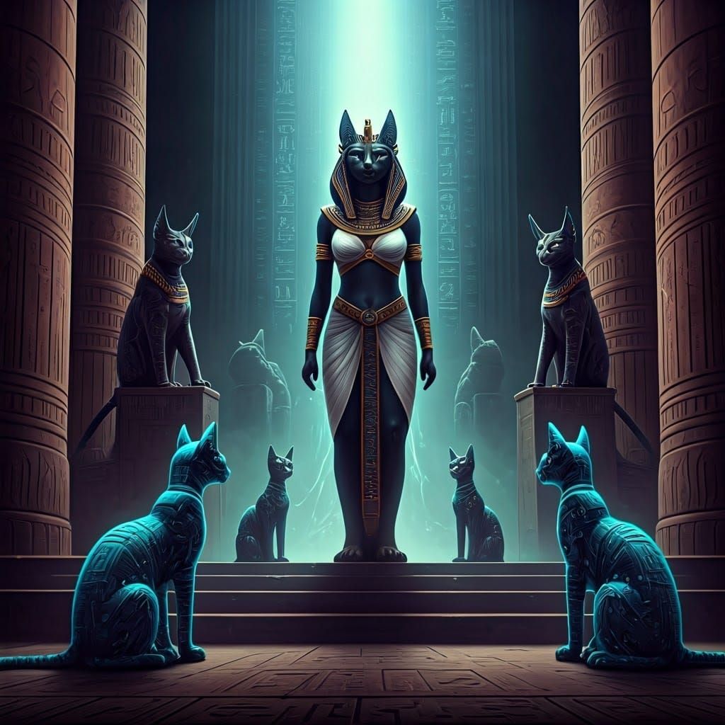 Bastet temple - Bastet Goddess Surrounded by Futuristic Cybe...