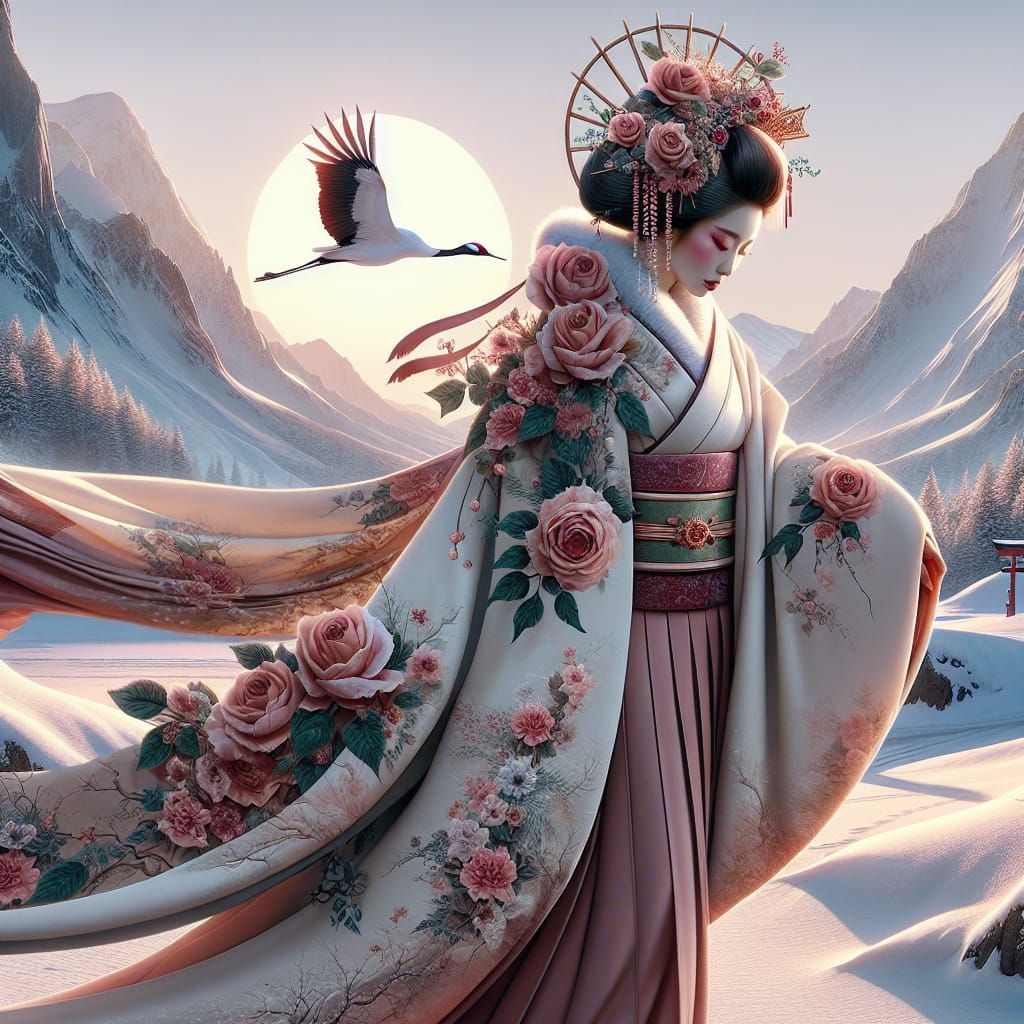 beautiful Japanese geisha wearing a white winter kimono decorated with ...