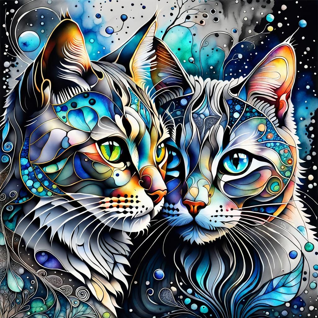 Alcohol Ink Zentangle Cats - Whimsical Zentangle Cats in Alc...