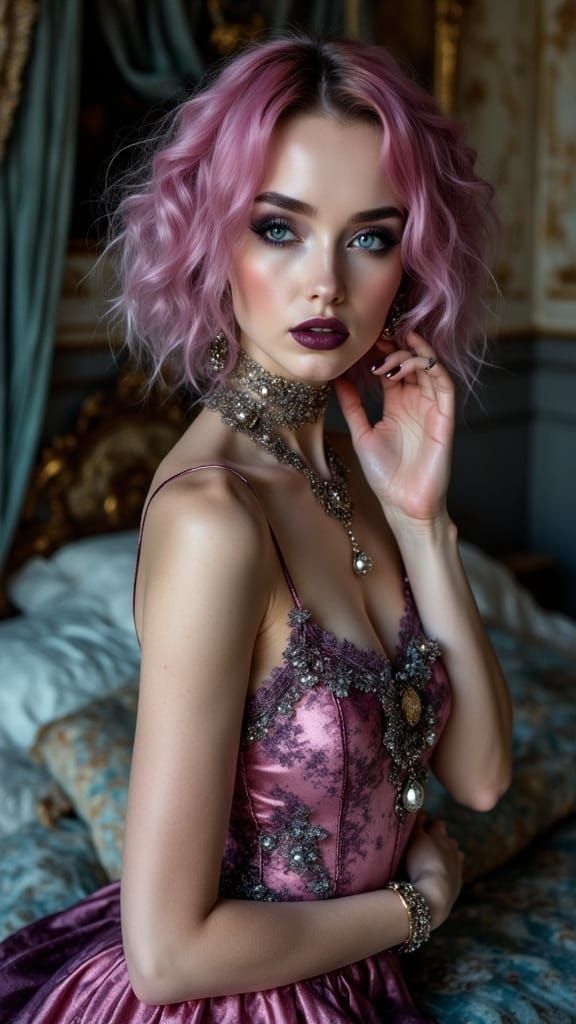 A 20-year-old Russian woman with alabaster skin and an ethereal aura, posing in a 3/4 view ...