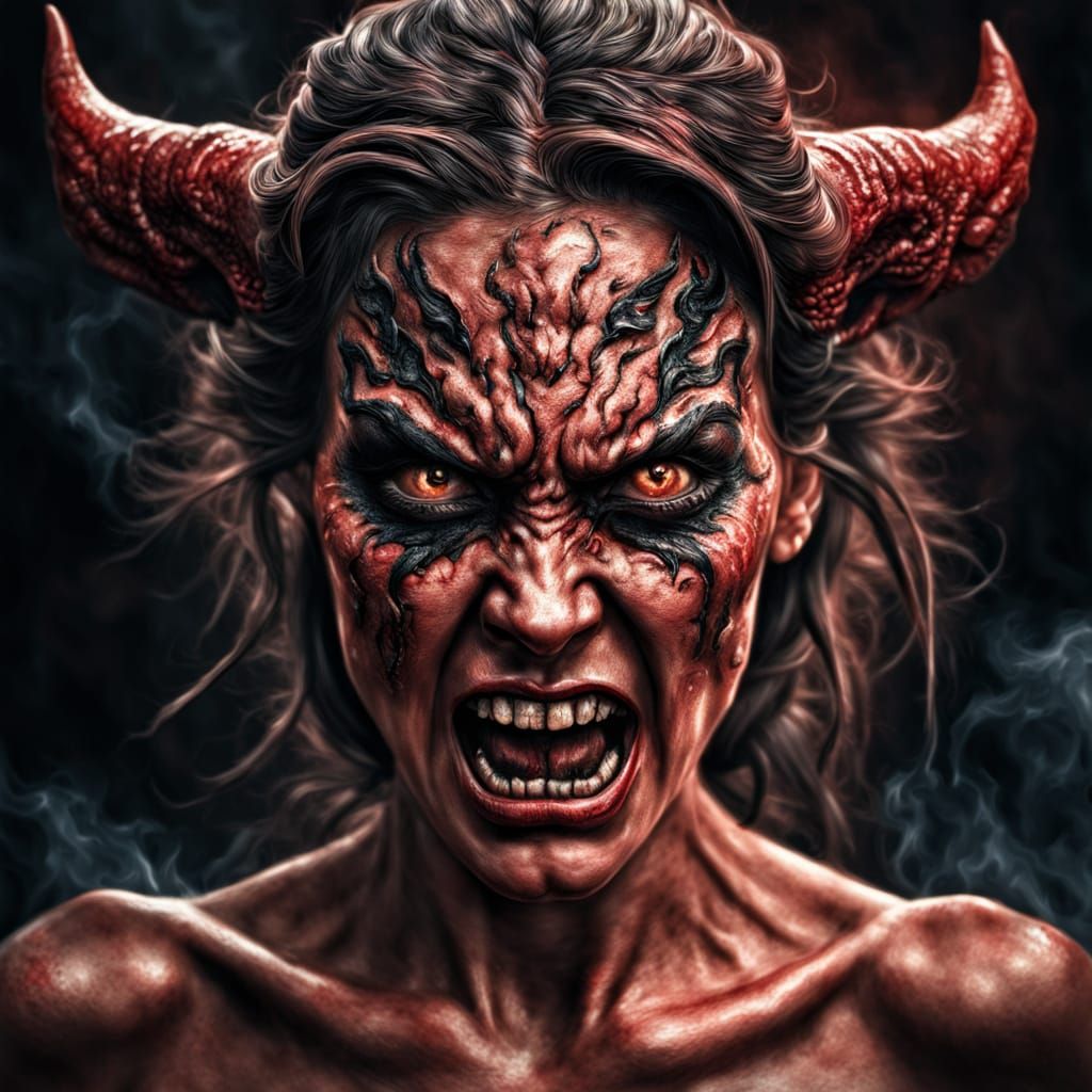 Surreal Lady Confronts a Furious Demon in Hyperrea... - AI Art