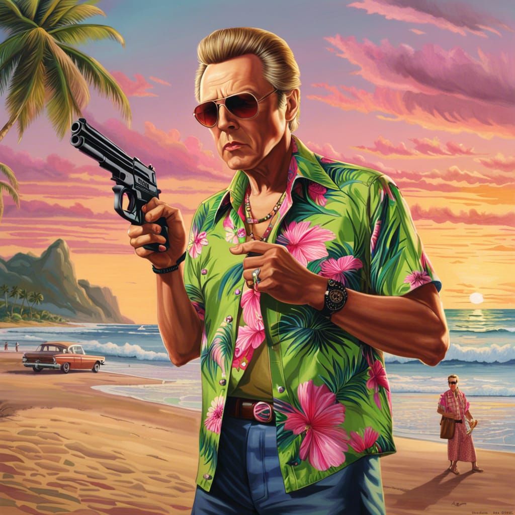 Angry_Christopher_Walken_pointing_a_gun wearing floral_Aloha_shirt ...