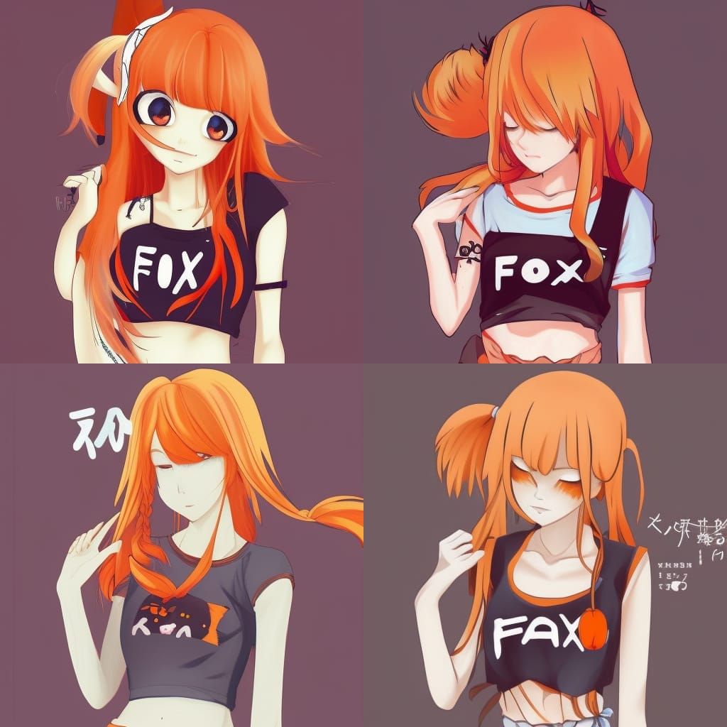 fox girl, with long orange hair, and a crop top shirt by artist "anime ...