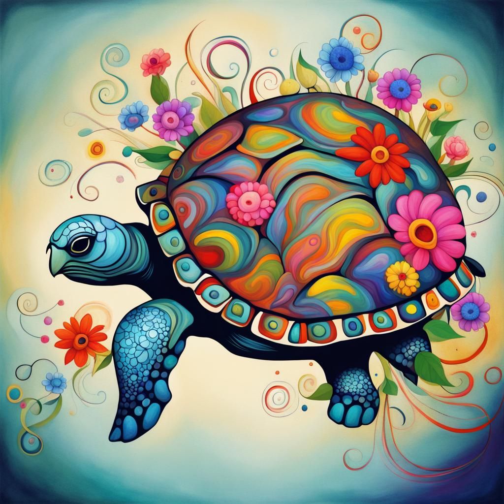Whimsical Fat abstract Bold Colorful turtle covered in flowers ...