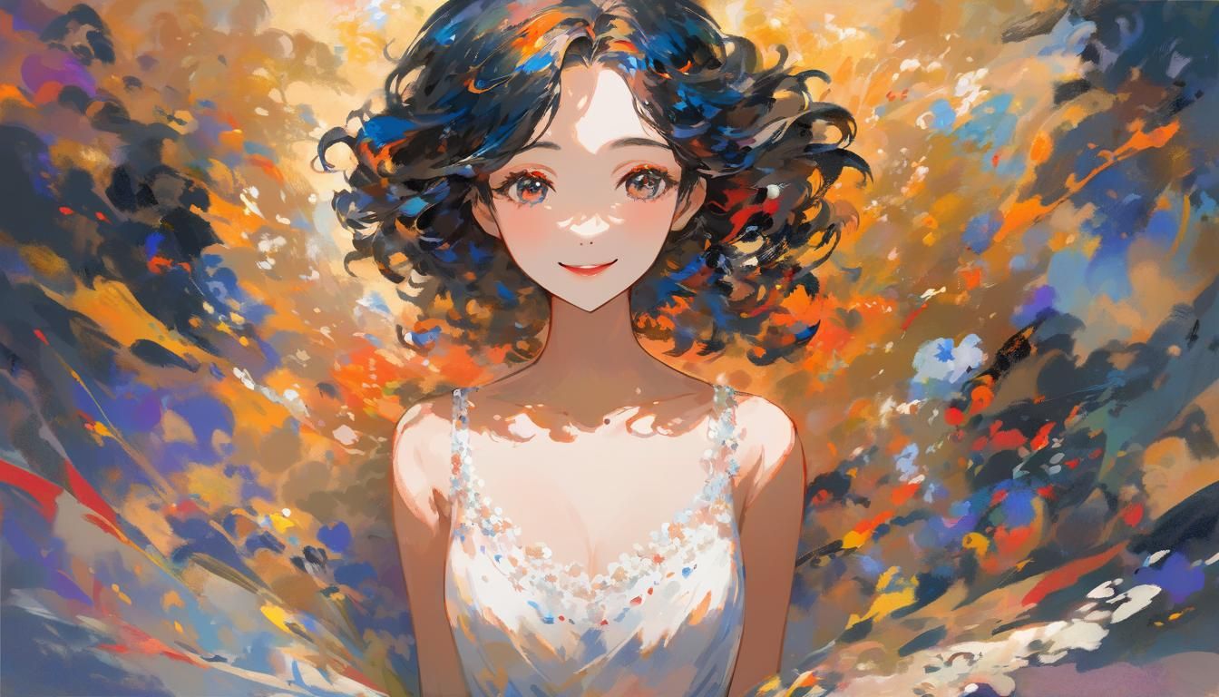 Anime with "flat_animation", painterly triadic colors shading. Woman in ...