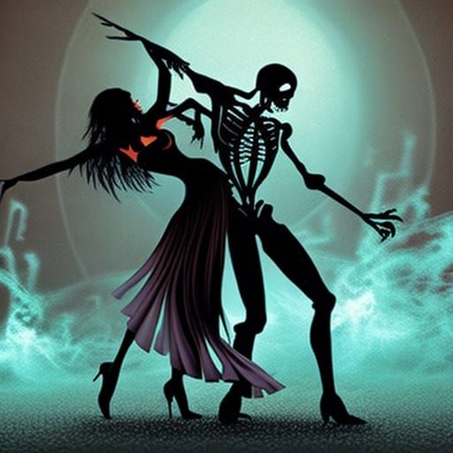 A beautiful gothic skeleton couple dancing tango, gothic background ...