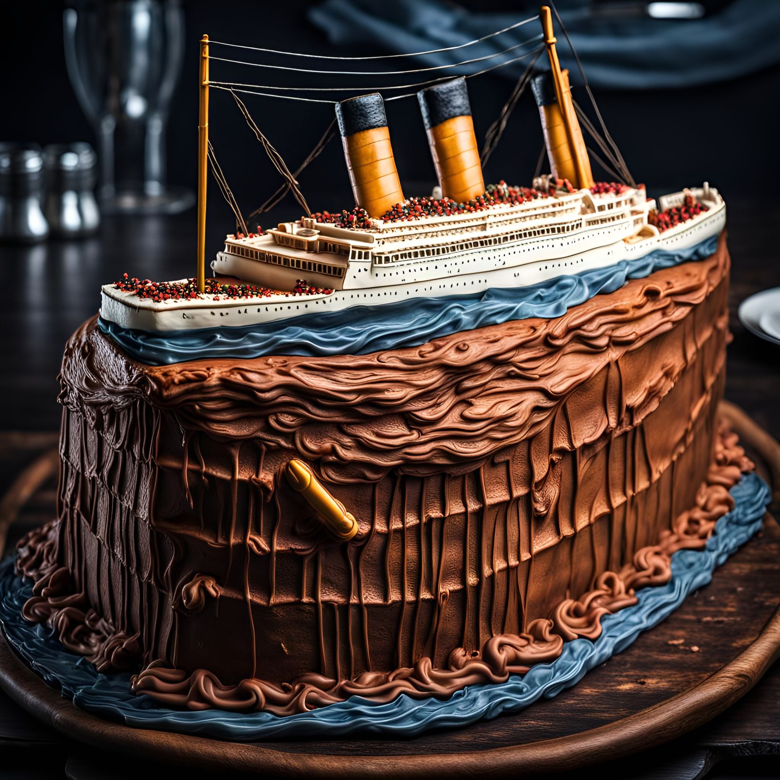 half cut titanic drowning shaped cake - AI Generated Artwork - NightCafe Creator