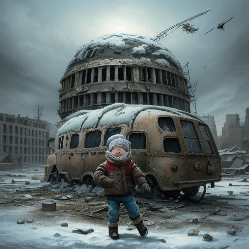 Whimsical lovely baby in a Post-apocalyptic winter in ruined city ...
