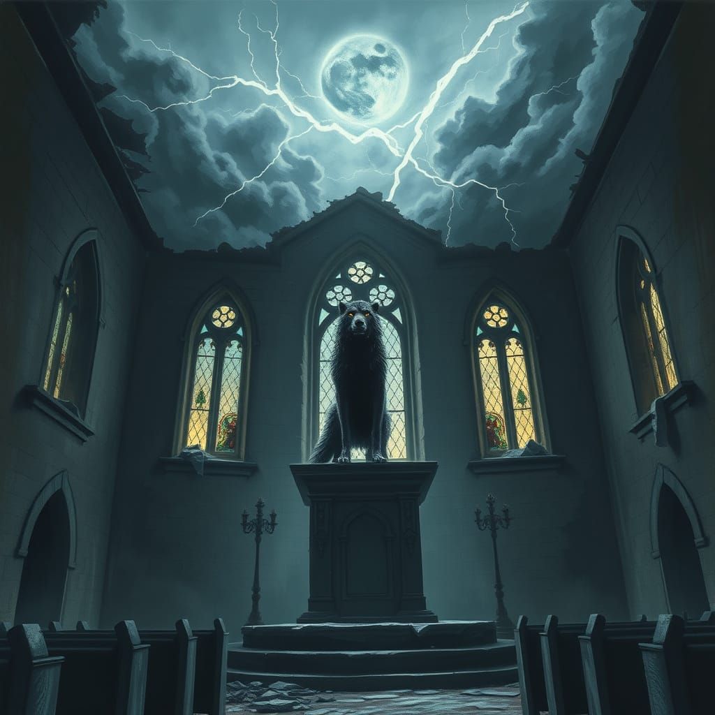Werewolf Defies the Storm in Abandoned Church - AI Art