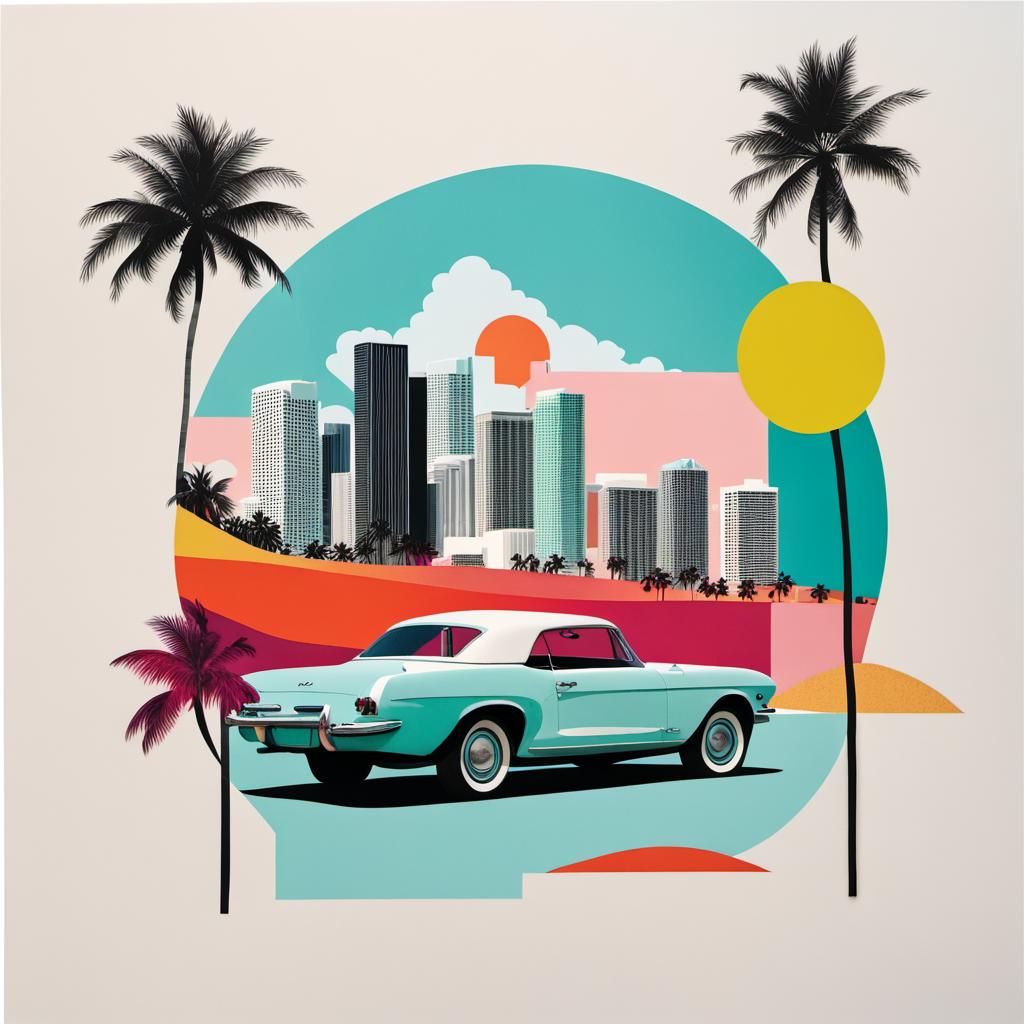 Minimalist Miami collage - Vibrant Cut-Out Cityscape in Mini...