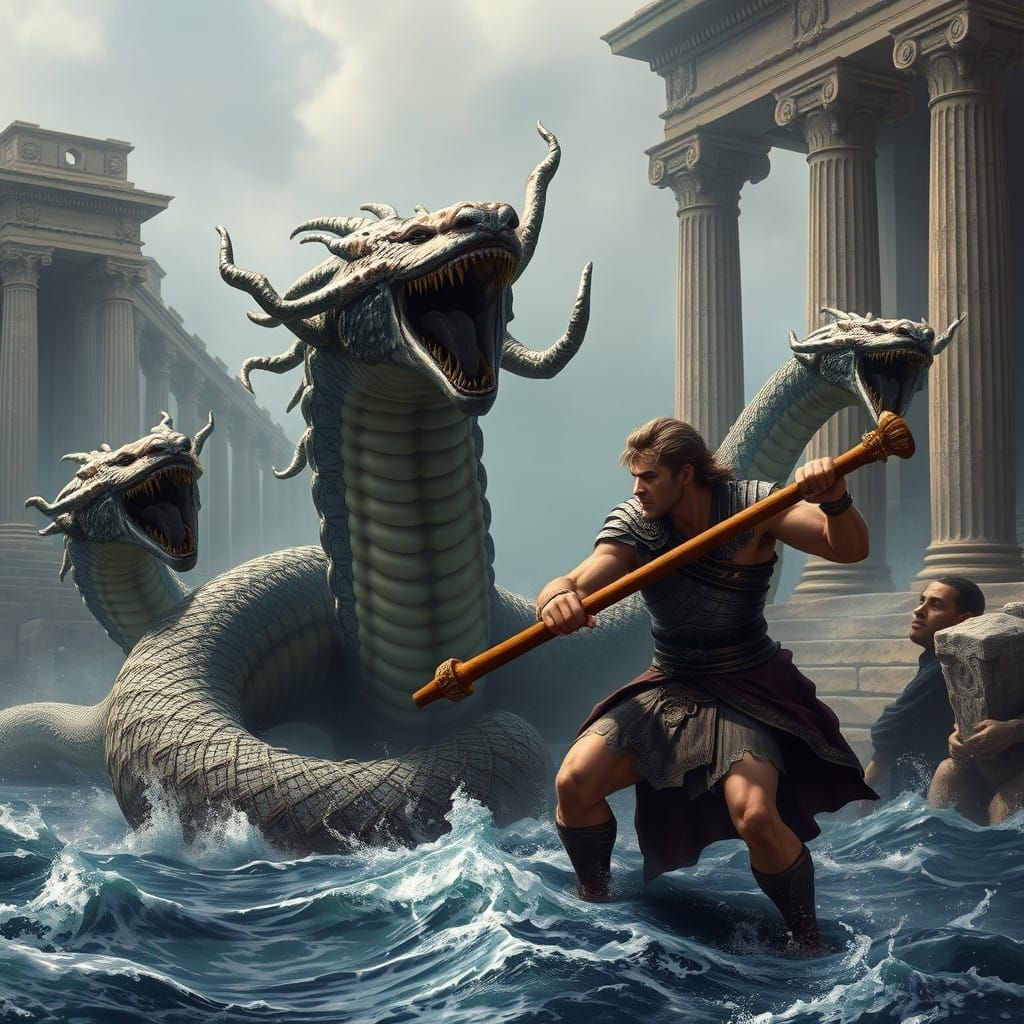 Hercules Battles Giant Hydra in Ancient City - AI Art