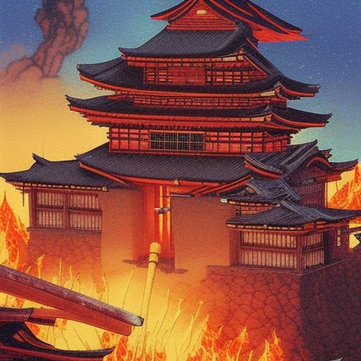 Japanese village setting on fire with a samurai holding a katana ...