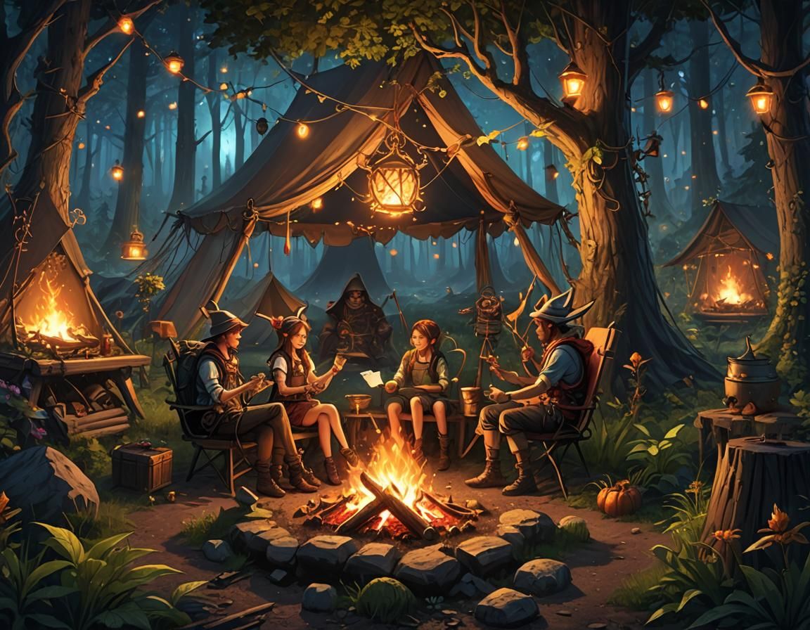 (Highly detailed artwork of a fantasy camping setup with A sweet fairy ...
