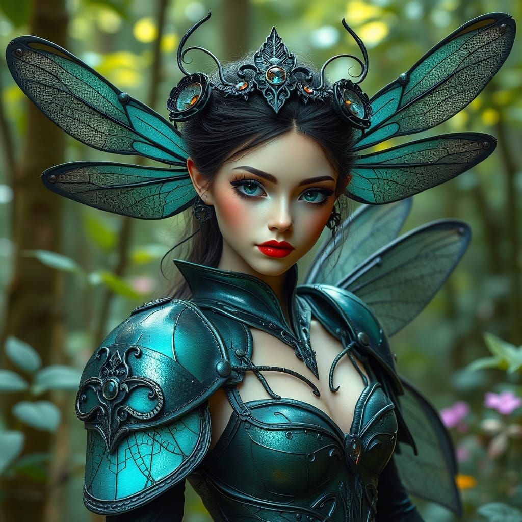 Enchanted Fae Queen in Teal and Black Lacquer Armo... - AI Art