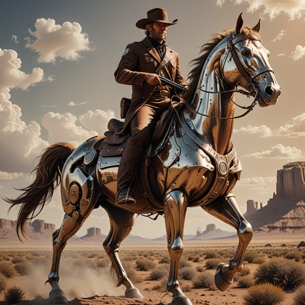 A Texas Ranger, dressed in realistic brown sci-fi and adorned with a ...