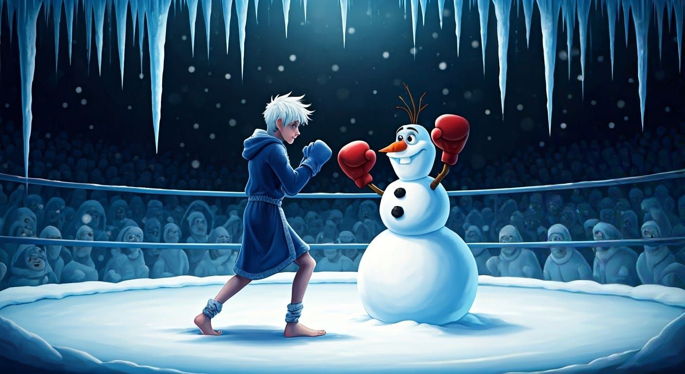 jack frost having a boxing match with a snowman