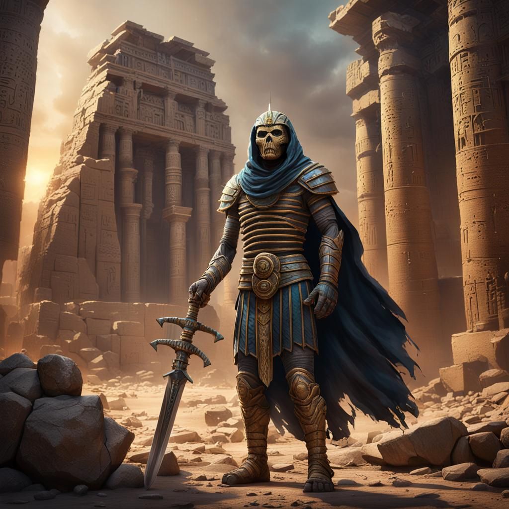 Within the crumbling ruins of an ancient temple, a mummy warrior stands ...