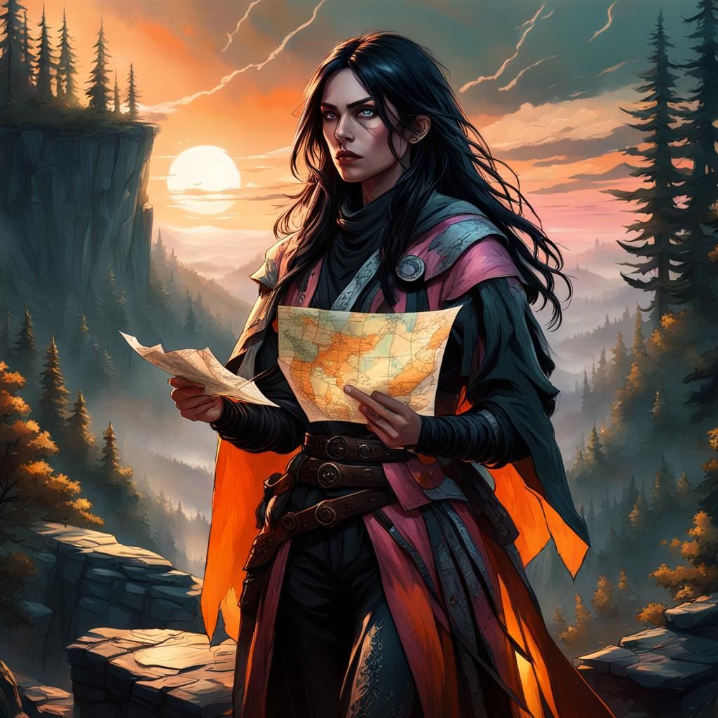 plucky female rogue, standing atop a cliff, overlooking a vast and ...