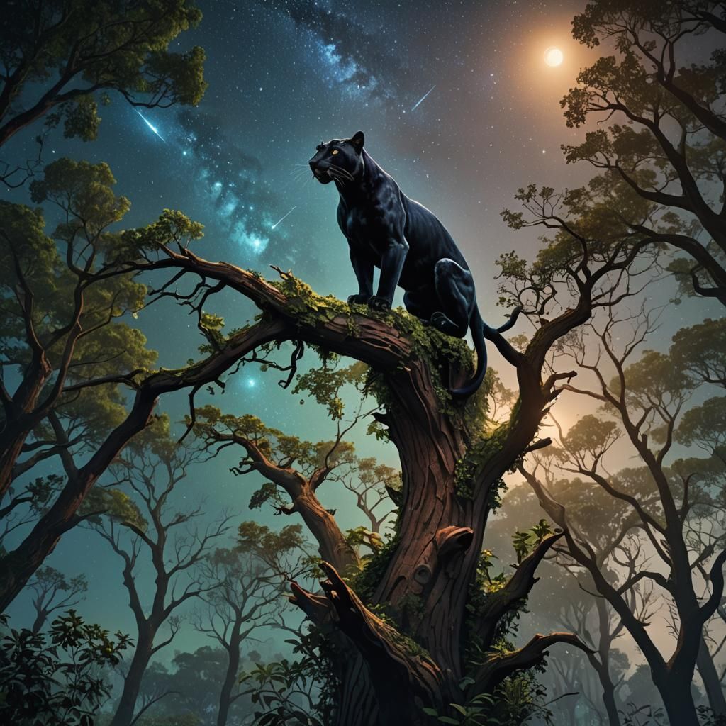A panther stands on a high tree trunk and looks into the distance - AI ...