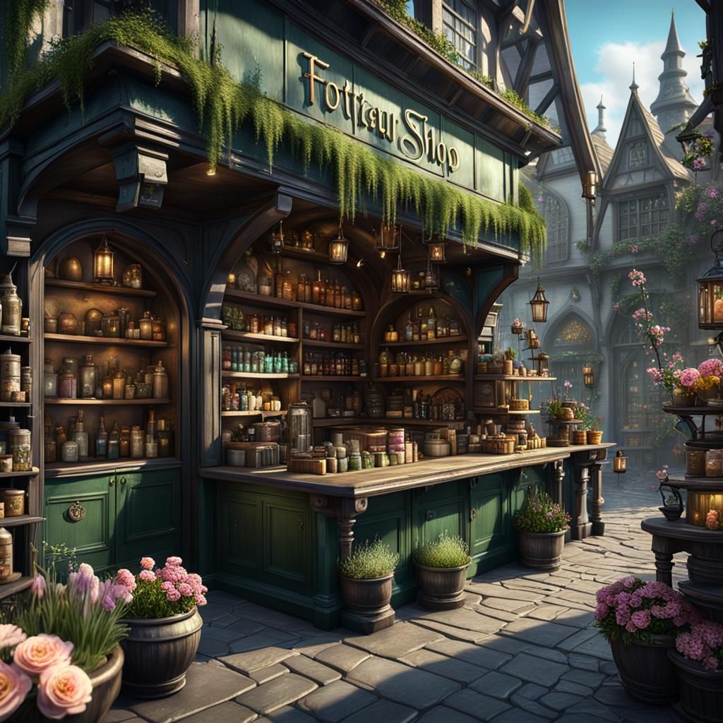 medieval modern fantasy beauty potion witch shop in the city center ...