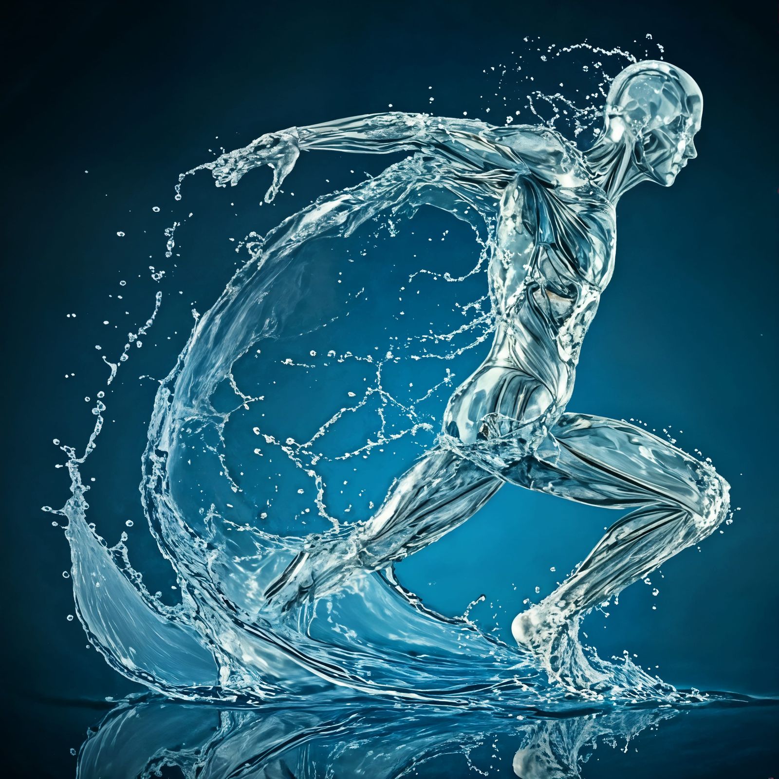a Human Figure Made of Water in a Dynamic Pose