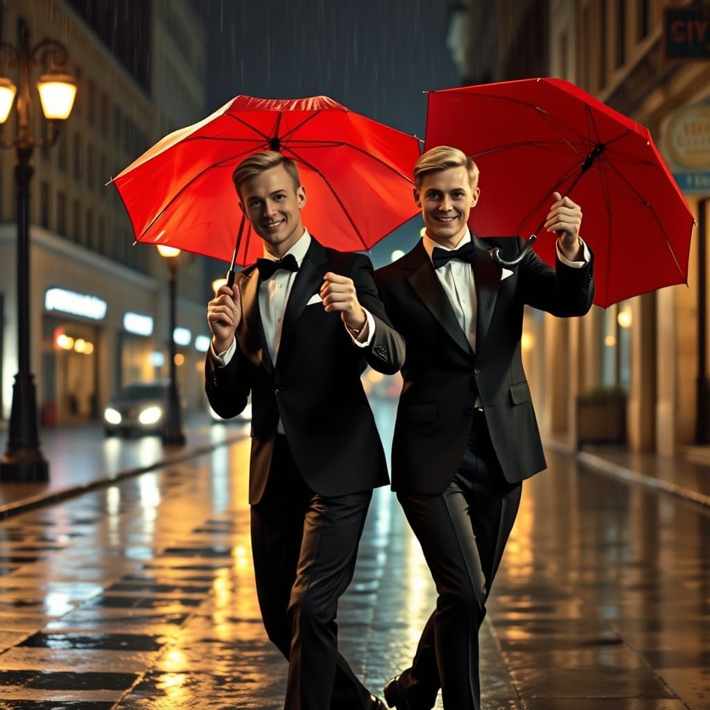 Dashing Gentlemen Dance in the Rain, Umbrellas Twi... - AI Art