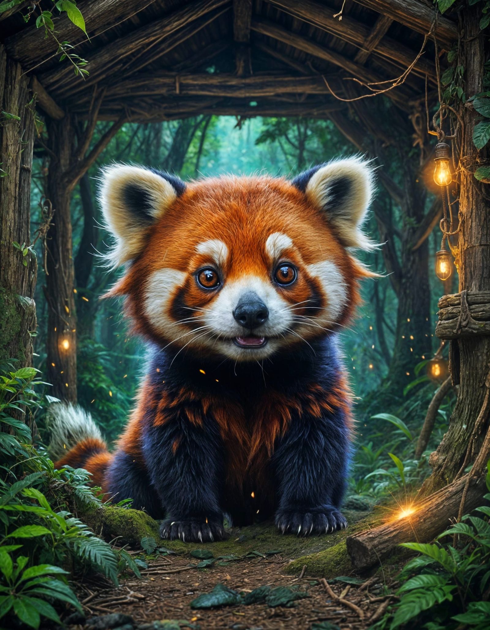 Red panda 🐼 - Magical Red Panda in a Vibrant Forest Hut