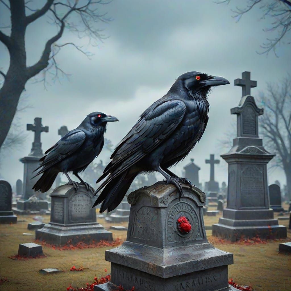Mysterious Ravens in a Haunted Cemetery Scene - AI Art
