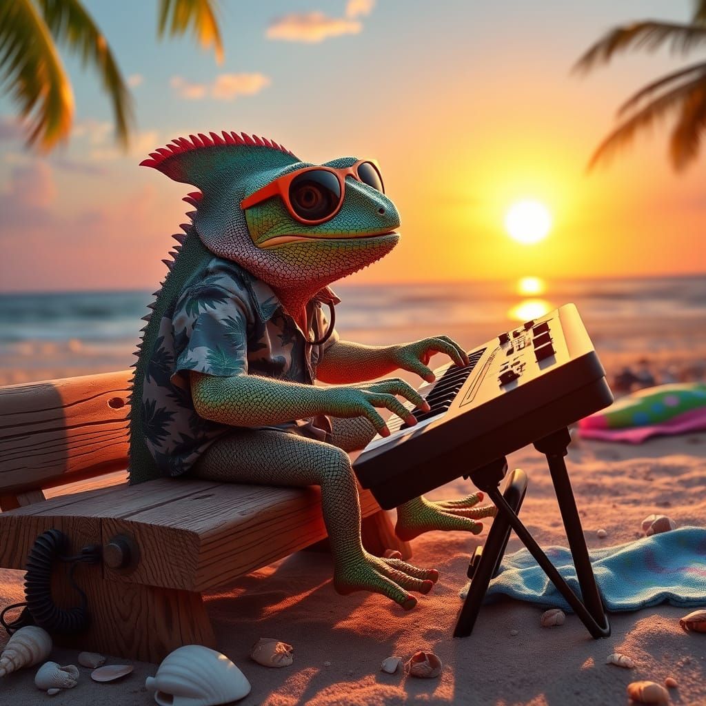 Chameleon At The Keyboard - Surreal Beach Scene of a Chamele...