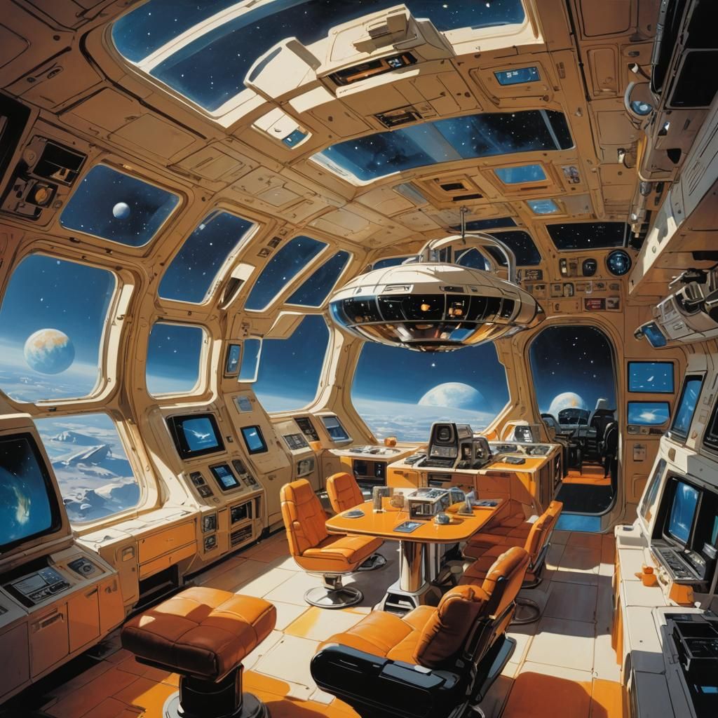16k resolution, art by Syd Mead, Chris Foss. Zero-gravity living quarters, astronauts floating ...