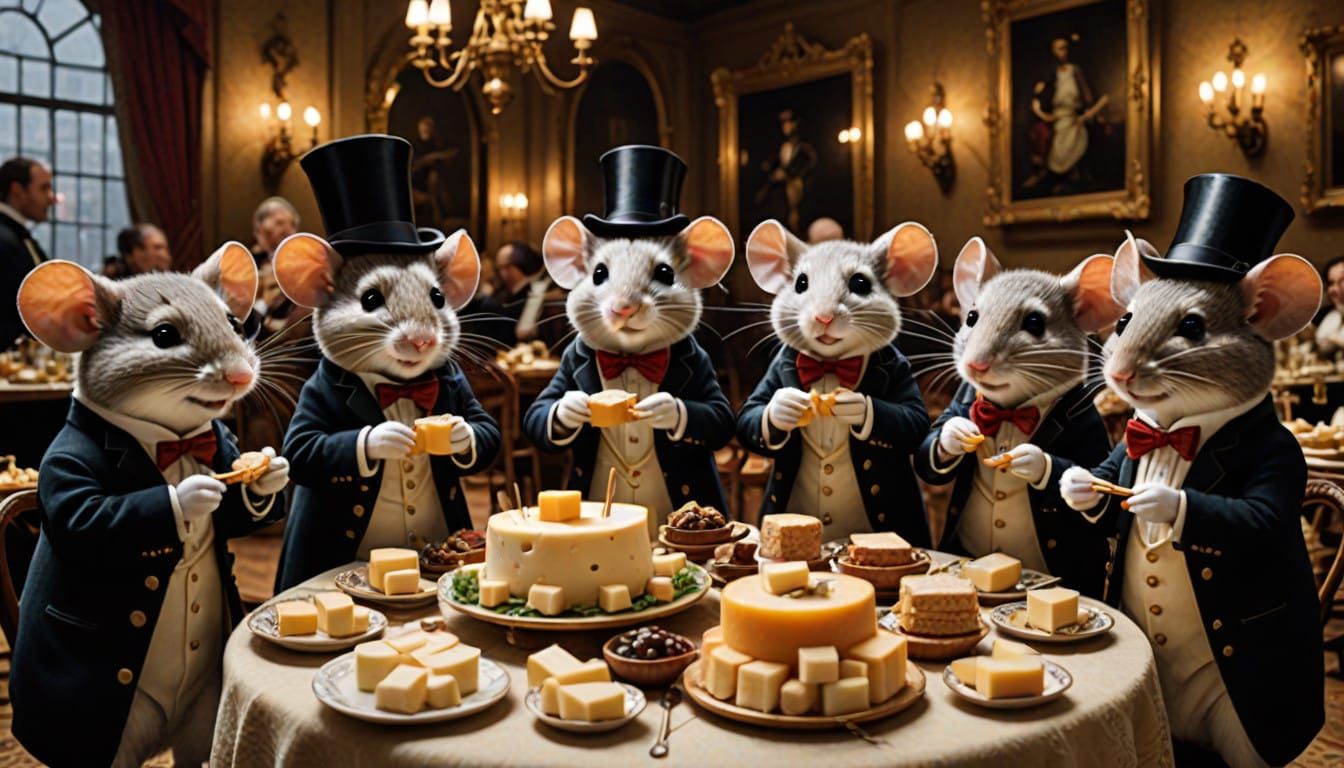 Victorian Mice Gather Around Lavish Cheese Spreads - AI Art