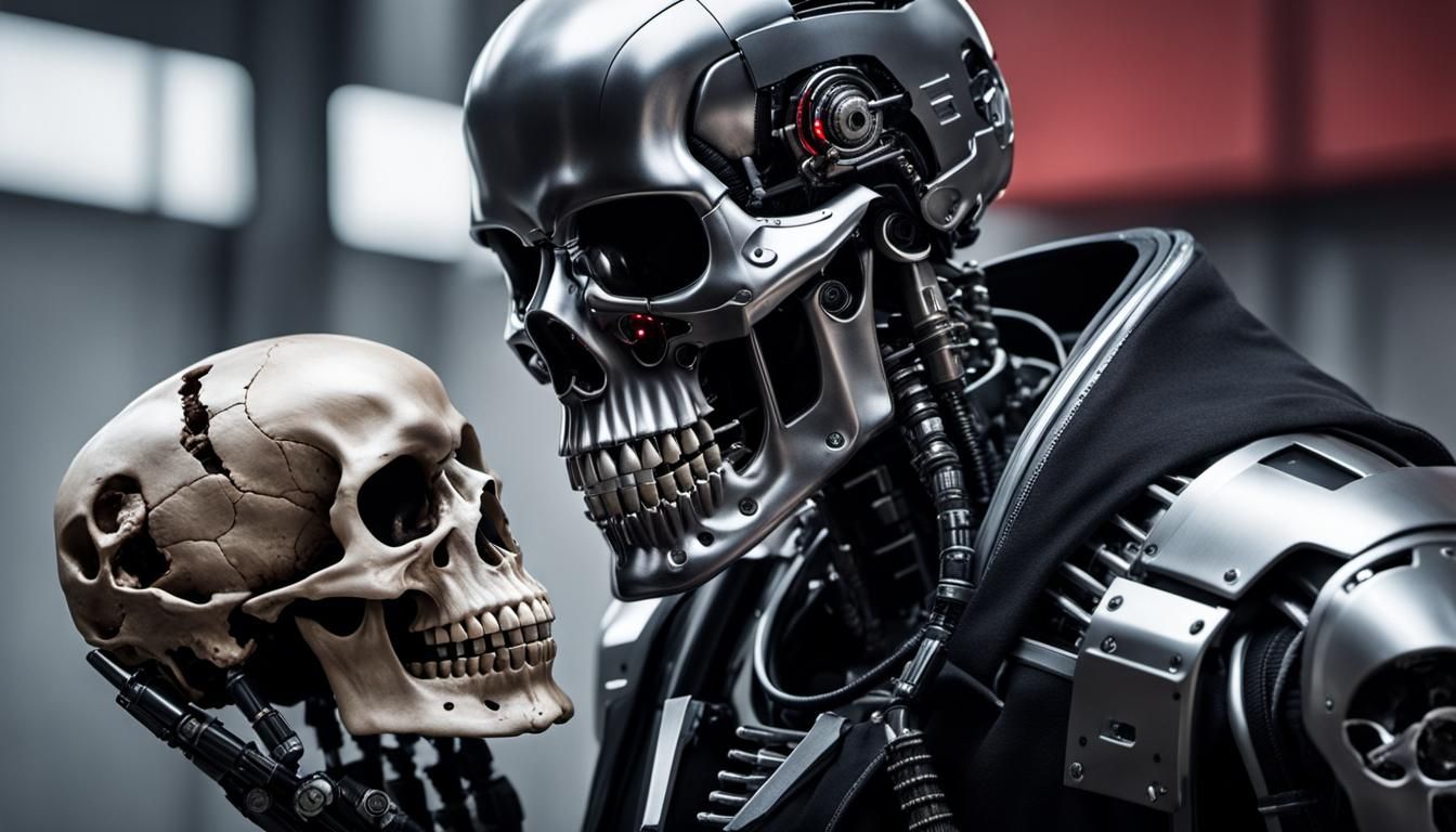 metal robot t - 800 holds a human skull in front of him, face to face ...