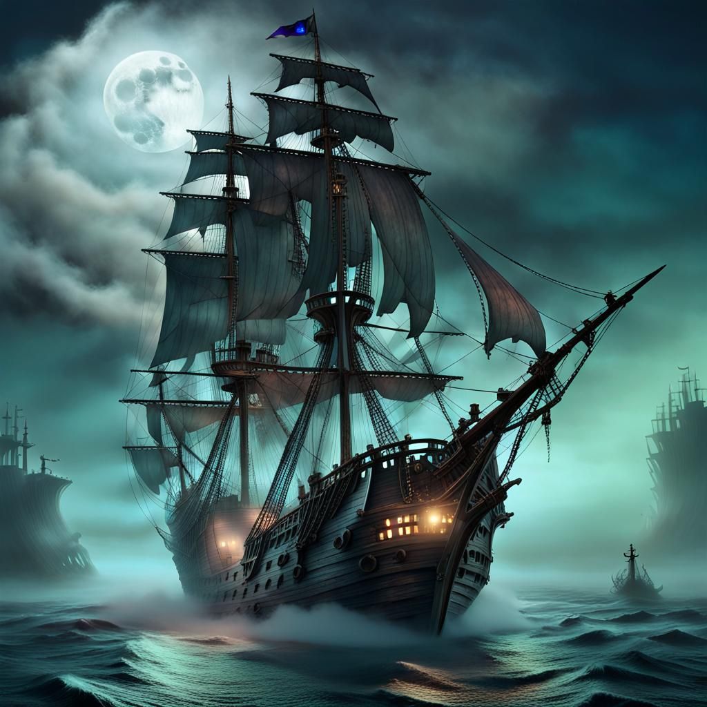 a ghostly pirate ship emerging from the mist-shrouded depths of the ...