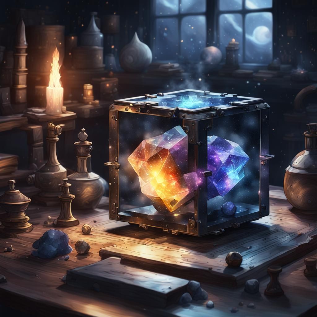 Dark & Moody Watercolor Art, Cosmic cube on the table of a alchemist ...