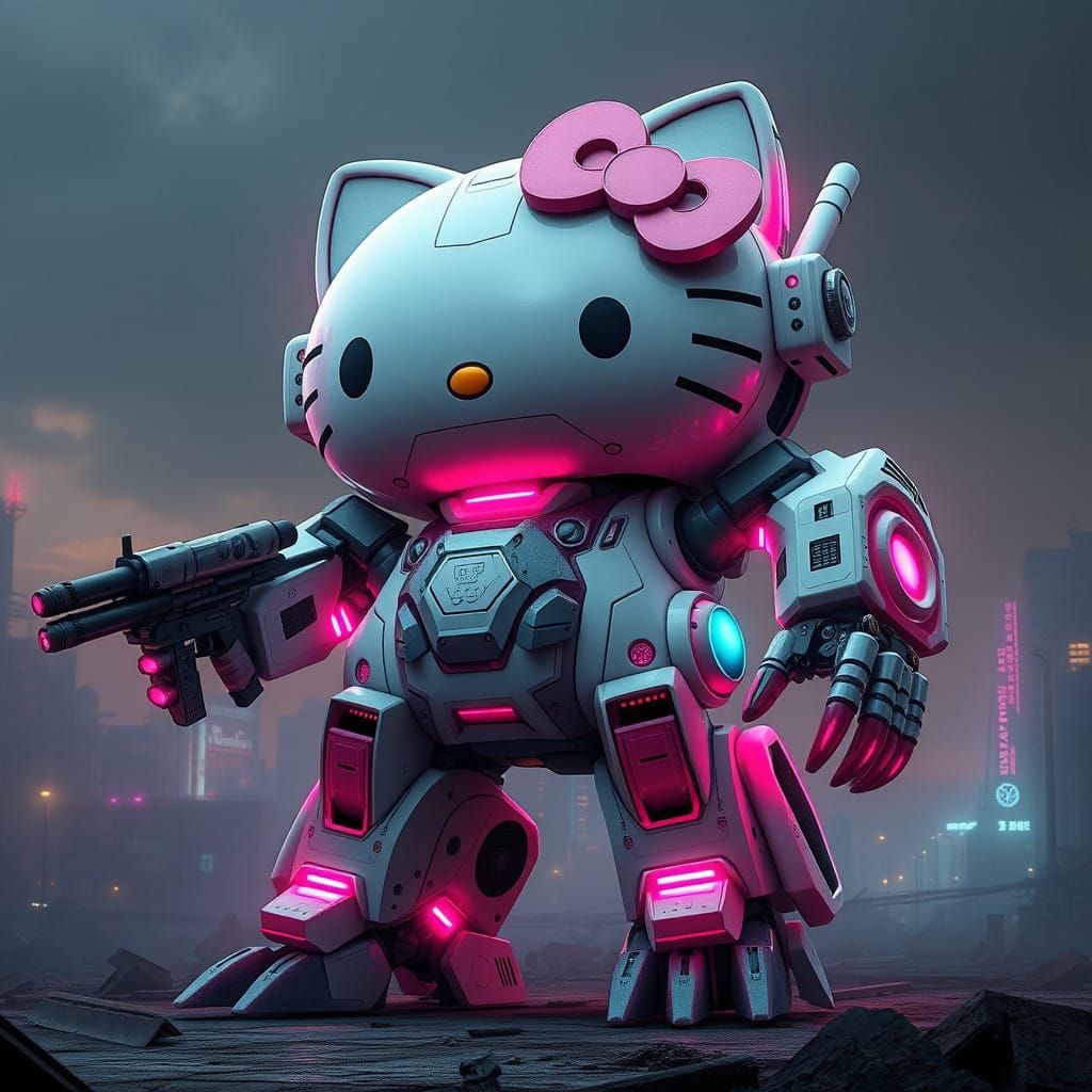 Cyberpunk Hello Kitty Mech in Ruined Cityscape - AI Art