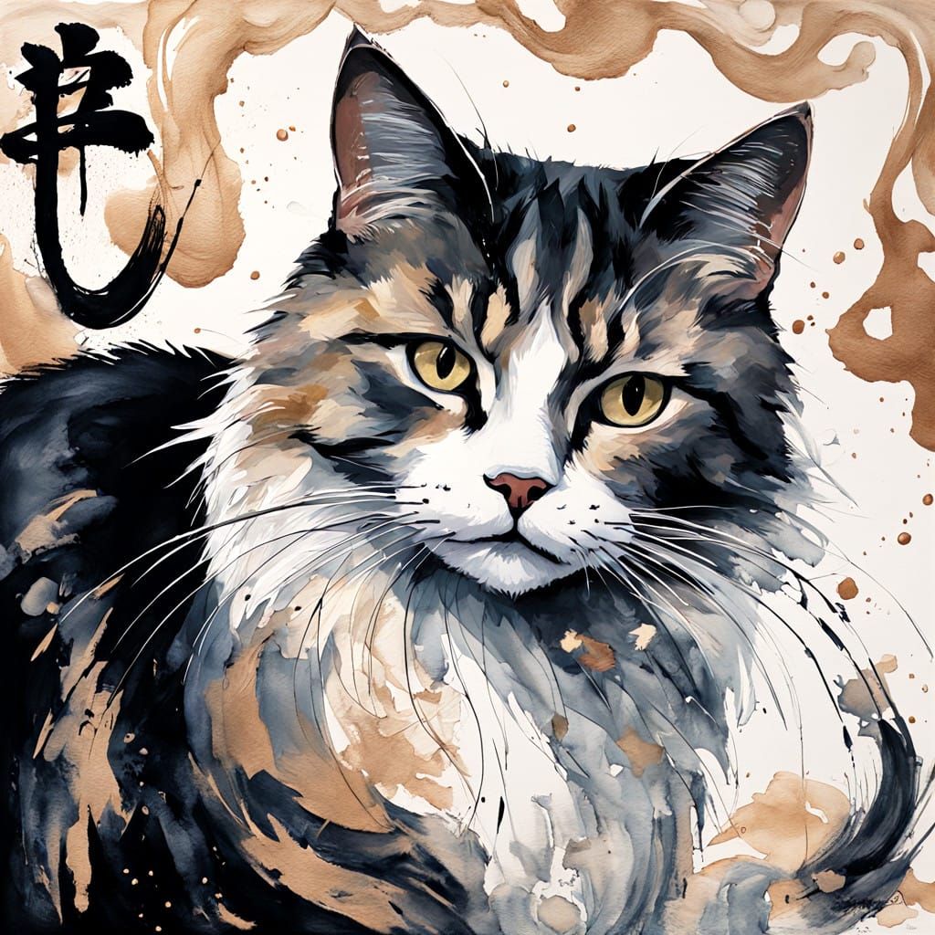 Sumi-e ink drawing of a Kaineko - Sumi-e ink drawing of a Ka...