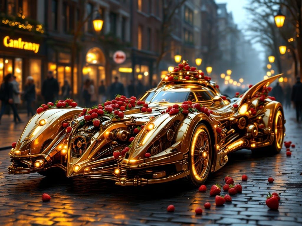 A golden, steampunk-style Batmobile. The vehicle is adorned with ...