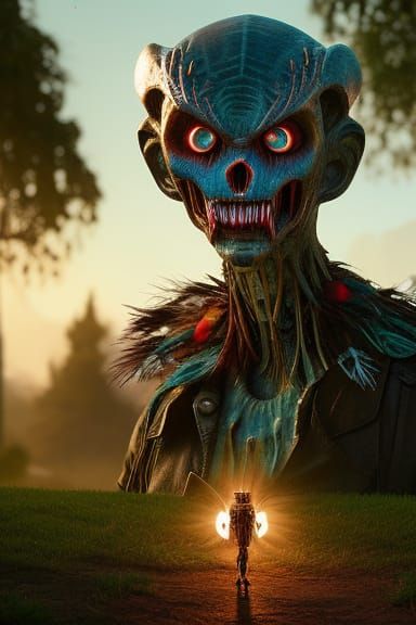 humanoid Alien Zombie with feathers in the park, Artgerm, Pixar, Norman ...