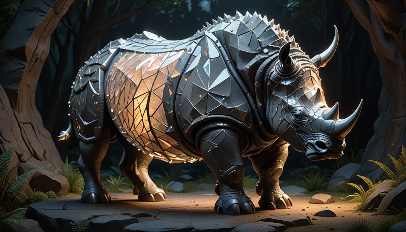 Glowing Stone Rhinoceros with Enchanted Crystal Ho... - AI Art