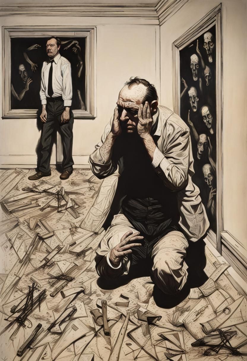 a man tormented by the trauma projections of others full body portrait ...