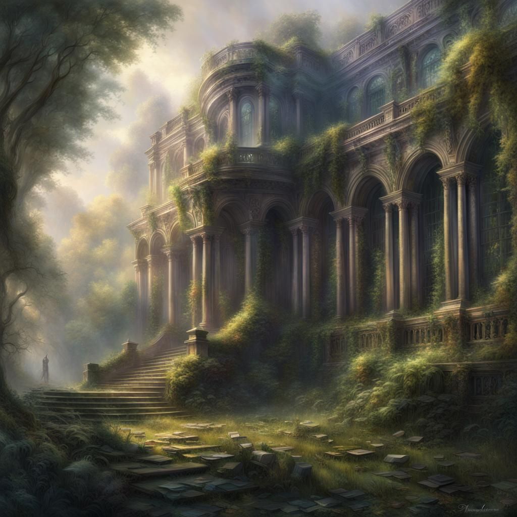 Abandoned library, overgrown ruins, Epic cinematic brilliant stunning ...