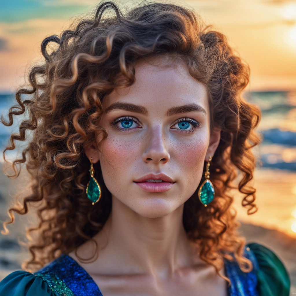 pretty woman at the beach photo - Hyperrealistic Portrait of...